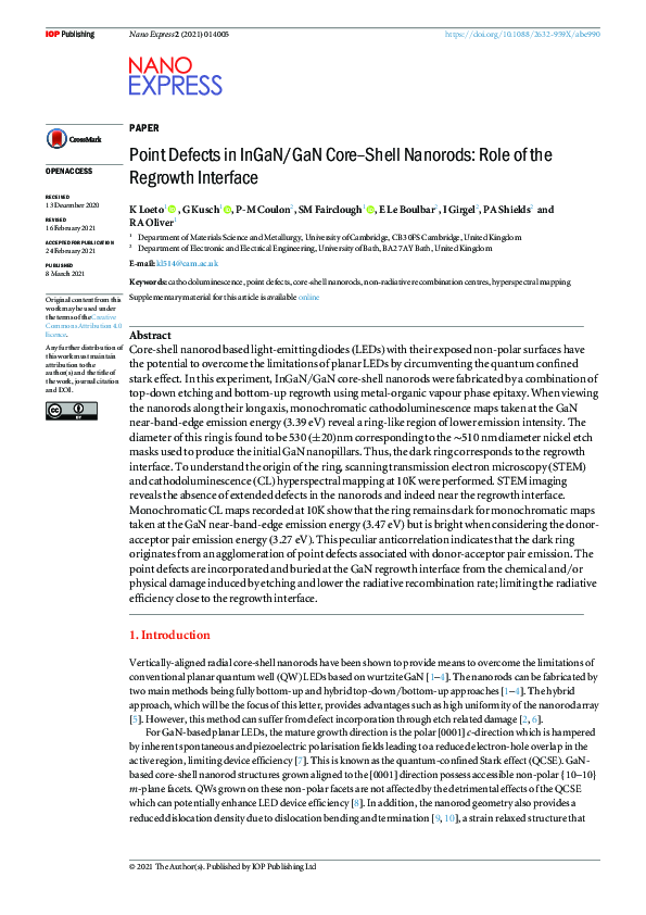(PDF) Point Defects in InGaN/GaN Core–Shell Nanorods: Role of the ...