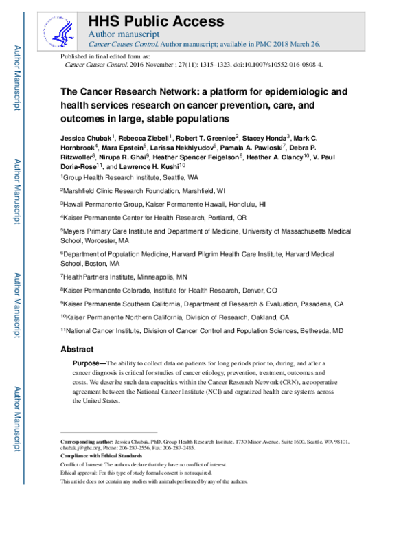 (PDF) The Cancer Research Network: a platform for epidemiologic and ...
