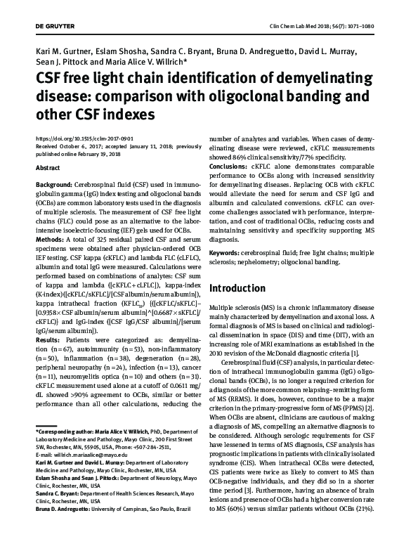 (PDF) CSF free light chain identification of demyelinating disease: comparison with oligoclonal ...