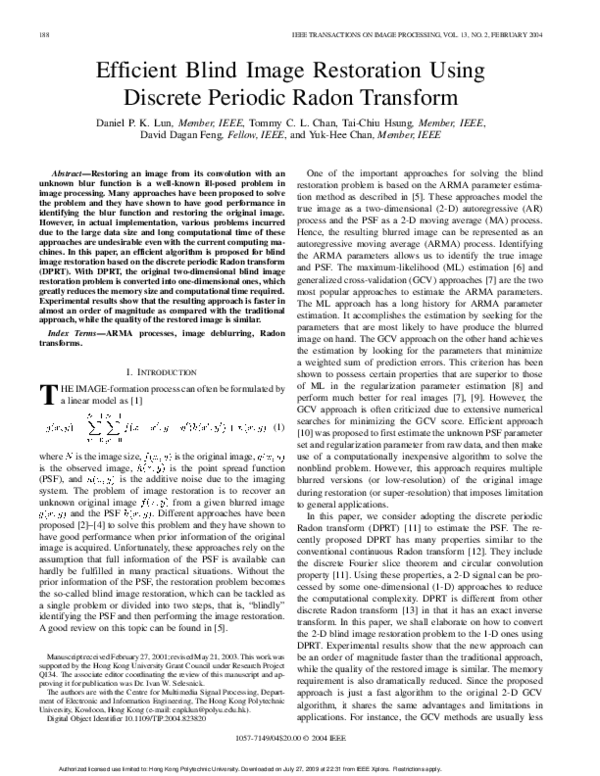 (PDF) Efficient blind image restoration using discrete periodic Radon transform