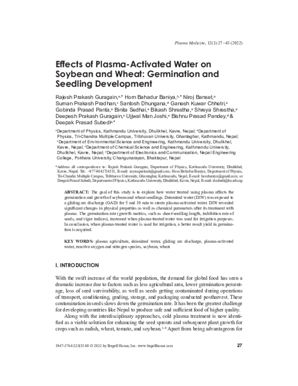(PDF) Effects of Plasma-Activated Water on Soybean and Wheat: Germination and Seedling Development