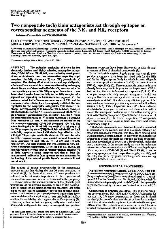 (PDF) Two nonpeptide tachykinin antagonists act through epitopes on ...