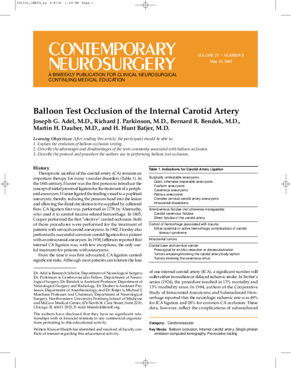 (PDF) Balloon Test Occlusion of the Internal Carotid Artery | Richard ...