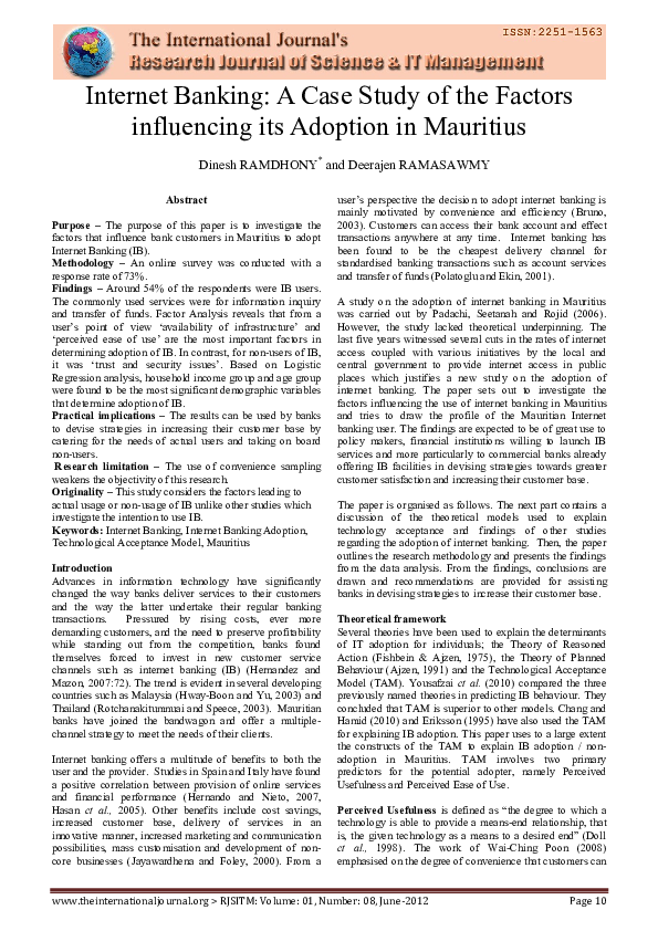 (PDF) Internet Banking: A Case Study of the Factors influencing its Adoption in Mauritius
