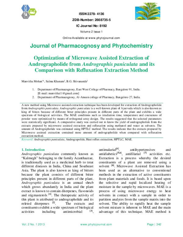 Pdf Optimization Of Microwave Assisted Extraction Of Andrographolide From Andrographis