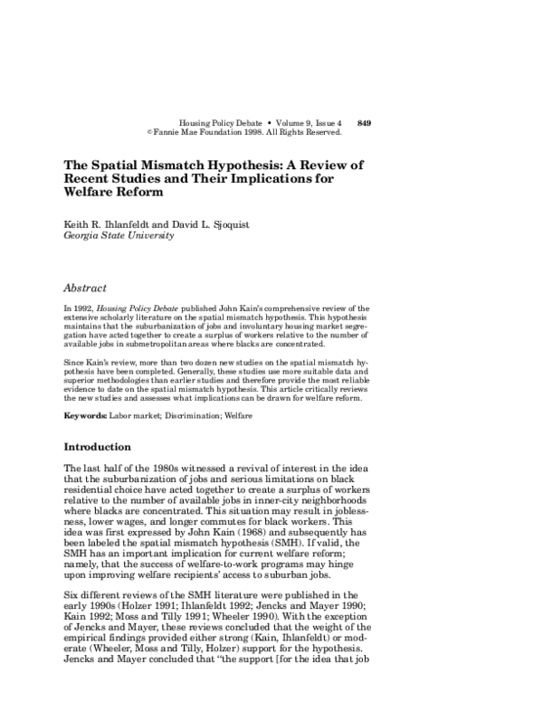 (PDF) The spatial mismatch hypothesis: A review of recent studies and ...