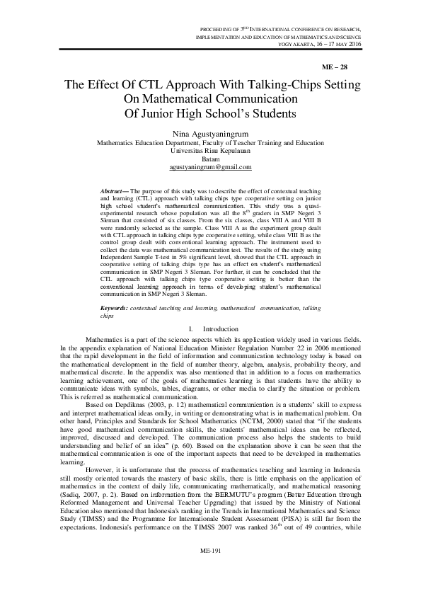 (PDF) The Effect Of CTL Approach With Talking-Chips Setting On ...