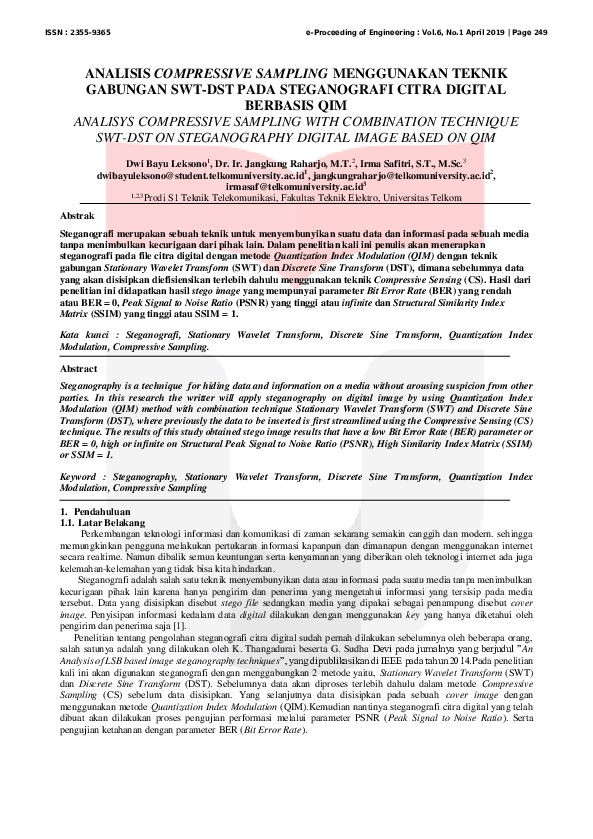 (PDF) Analisis Compressive Sampling Menggunakan Teknik Gabungan SWT-DST Pada Steganografi Citra ...