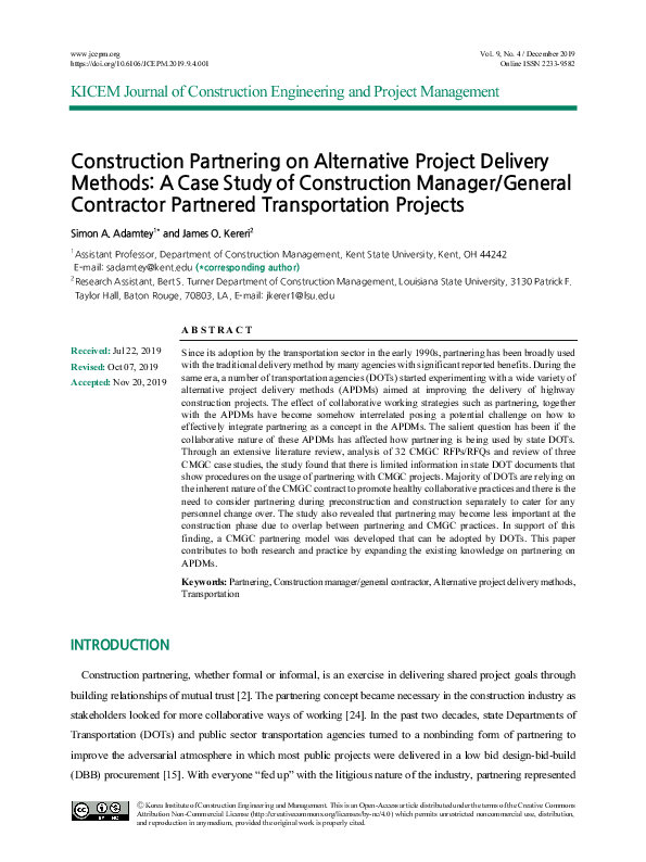 (PDF) Construction Partnering on Alternative Project Delivery Methods ...