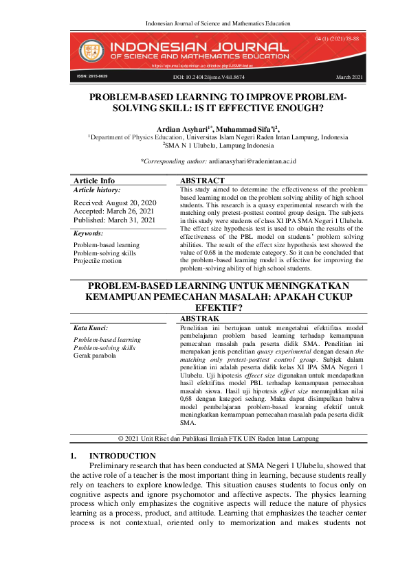 Pdf Problem Based Learning To Improve Problem Solving Skill Is It