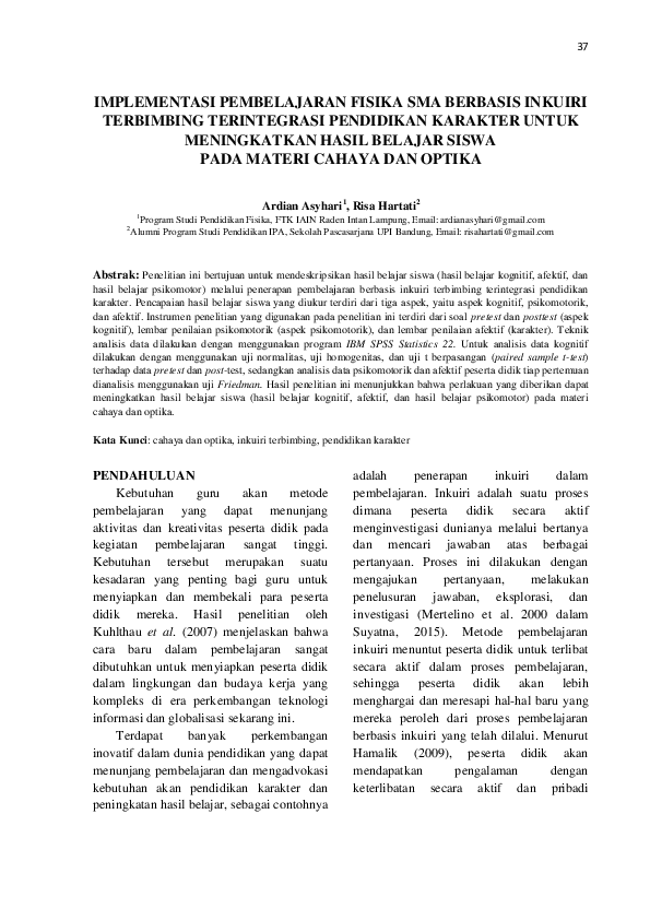 (PDF) Implementasi Pembelajaran Fisika SMA Berbasis Inkuiri Terbimbing Terintegrasi Pendidikan ...