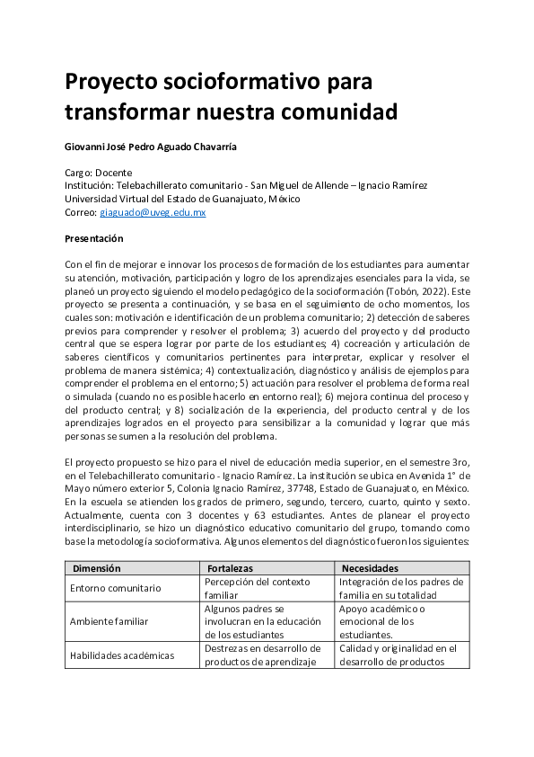 (PDF) Proyecto socioformativo para transformar nuestra comunidad