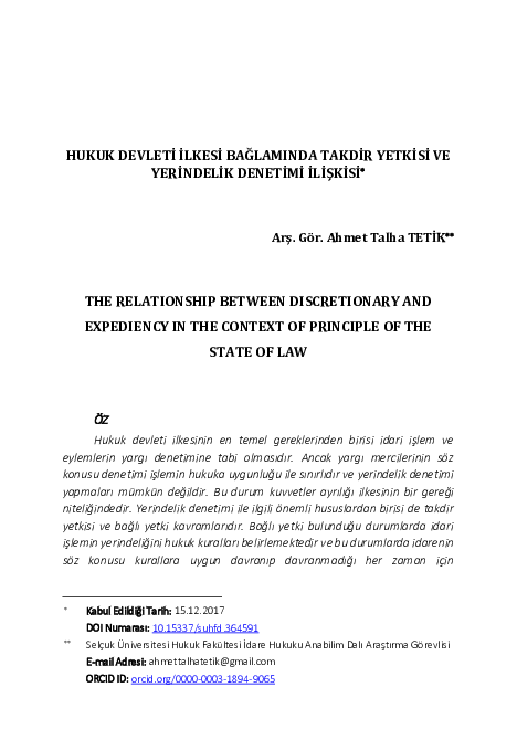 (PDF) Hukuk Devleti İlkesi Bağlamında Takdir Yetkisi ve Yerindelik Denetimi İlişkisi
