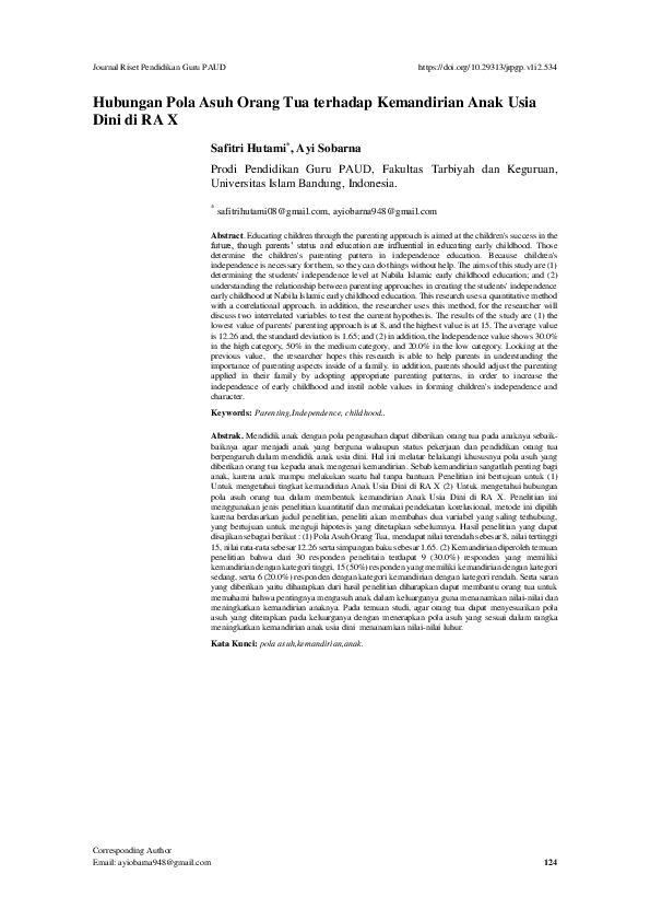 (PDF) Hubungan Pola Asuh Orang Tua terhadap Kemandirian Anak Usia Dini di RA X | safitri hutami ...