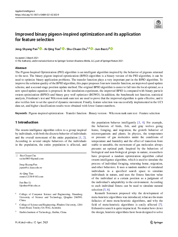 (PDF) Improved binary pigeon-inspired optimization and its application for feature selection
