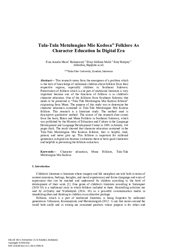 (PDF) Tula-Tula Metulungino Mie Kodosa” Folklore As Character Education In Digital Era