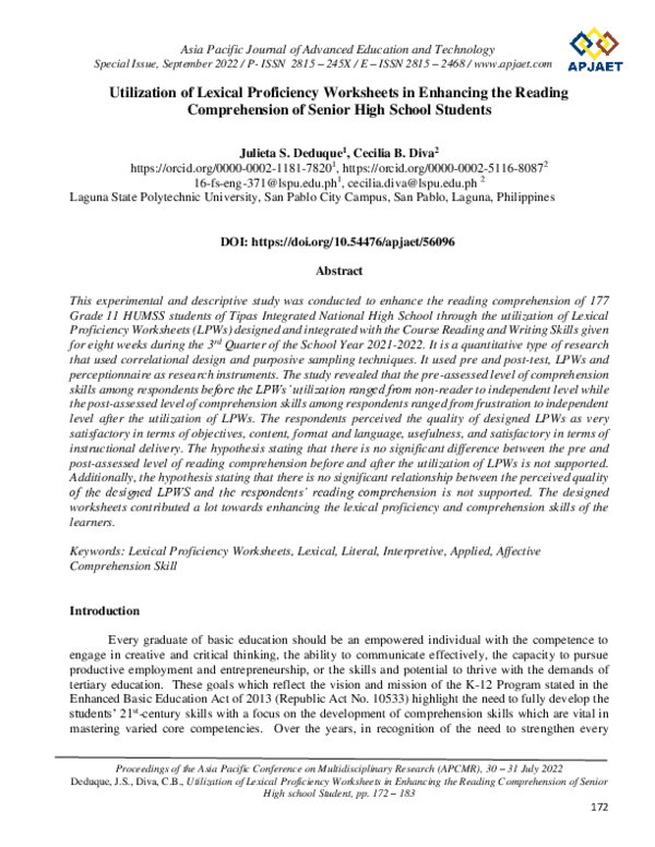 (PDF) Utilization of Lexical Proficiency Worksheets in Enhancing the Reading Comprehension of ...