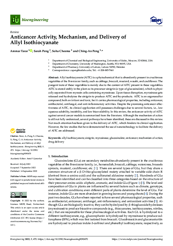 (PDF) Anticancer Activity, Mechanism, and Delivery of Allyl Isothiocyanate
