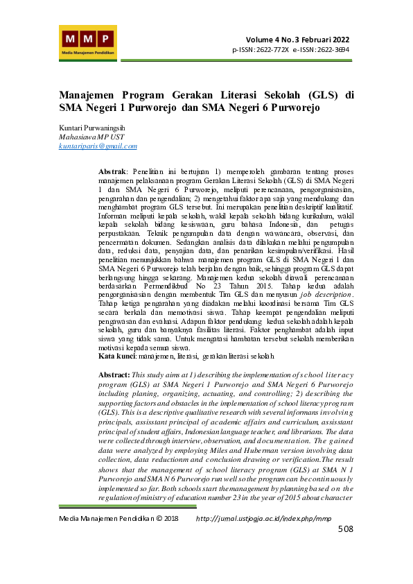 (PDF) Manajemen Program Gerakan Literasi Sekolah (GLS) di SMA Negeri 1 Purworejo dan SMA Negeri ...
