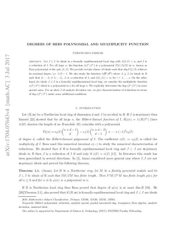 Pdf Degrees Of Rees Polynomial And Multiplicity Function