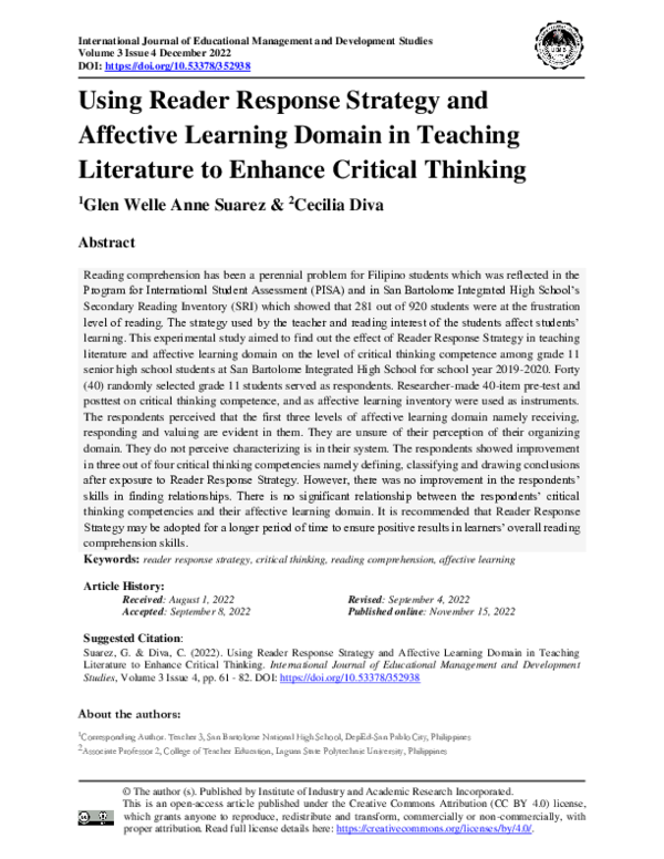 (PDF) Using Reader Response Strategy and Affective Learning Domain in ...