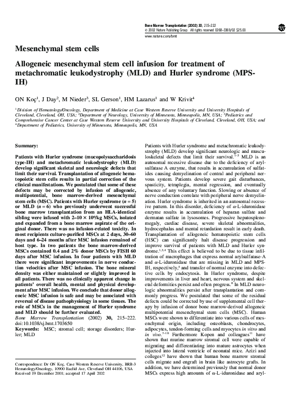 (PDF) Allogeneic mesenchymal stem cell infusion for treatment of ...
