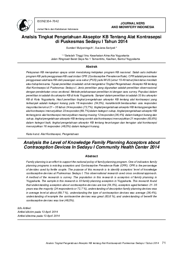 (PDF) Analsis Tingkat Pengetahuan Akseptor KB Tentang Alat Kontrasepsi di Puskesmas Sedayu I ...