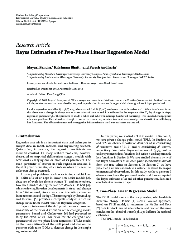 Pdf Bayes Estimation Of Two Phase Linear Regression Model