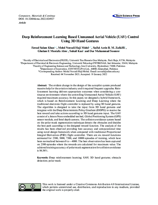 (PDF) Deep Reinforcement Learning Based Unmanned Aerial Vehicle (UAV) Control Using 3D Hand Gestures