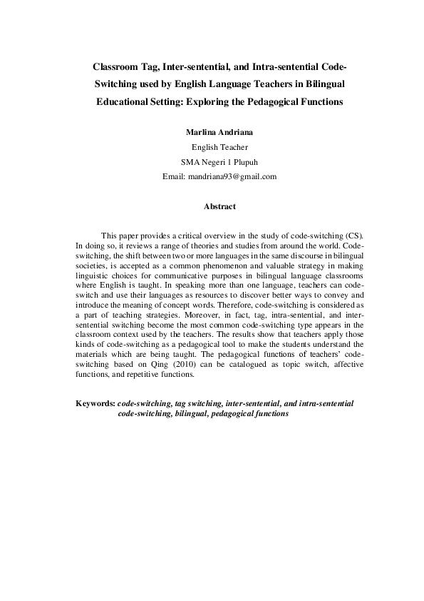 (PDF) Classroom Tag, Inter-sentential, and Intra-sentential Code-Switching used by English ...