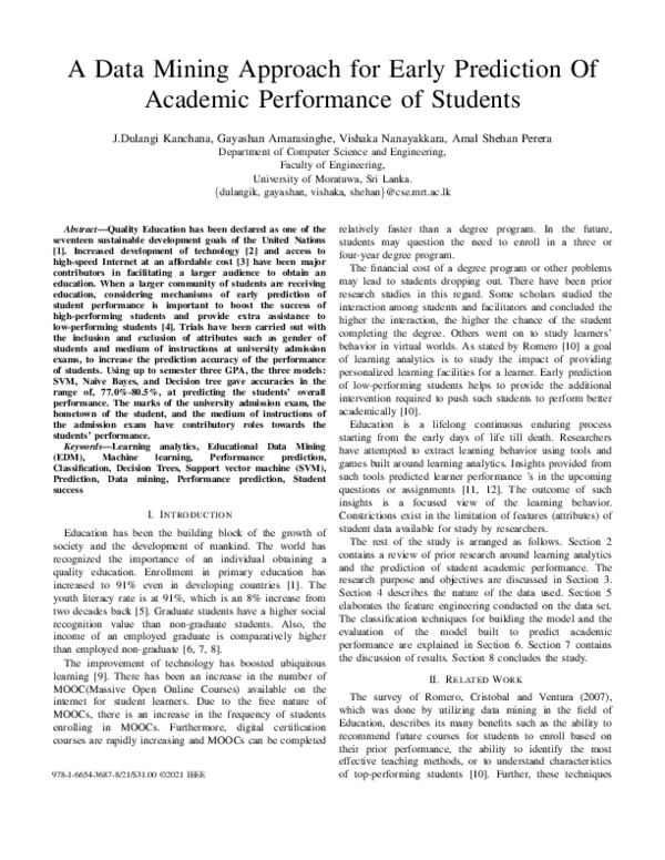 Pdf A Data Mining Approach For Early Prediction Of Academic