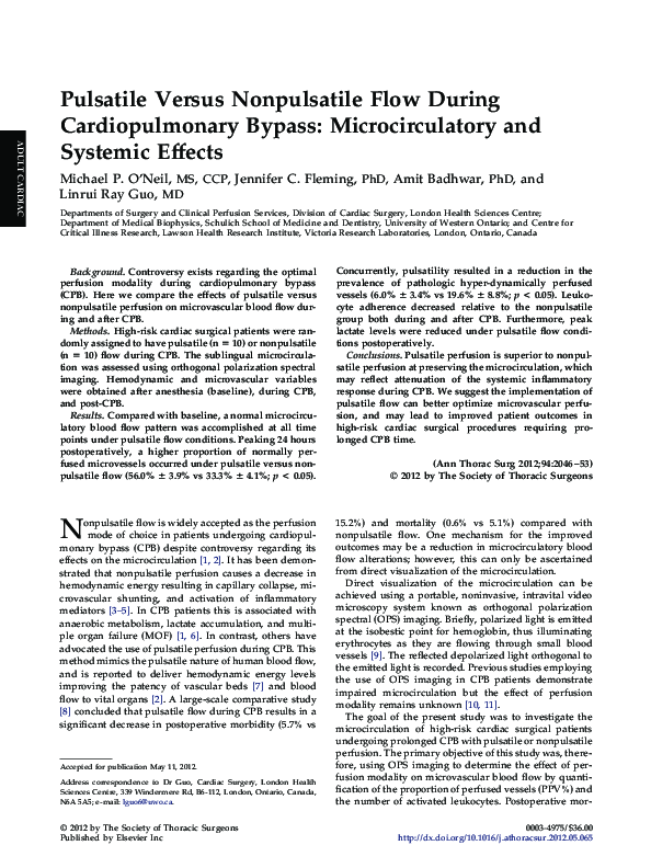 (PDF) Pulsatile Versus Nonpulsatile Flow During Cardiopulmonary Bypass ...