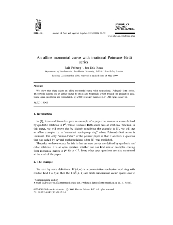 Pdf An Affine Monomial Curve With Irrational Poincaré Betti Series