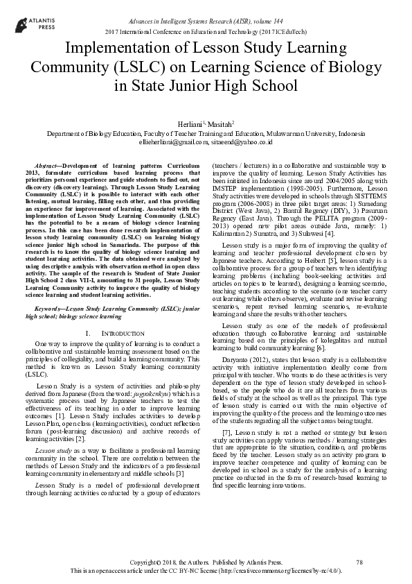 Pdf Implementation Of Lesson Study Learning Community Lslc On