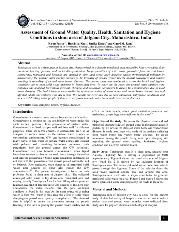 (PDF) Assessment of Ground Water Quality, Health, Sanitation and ...