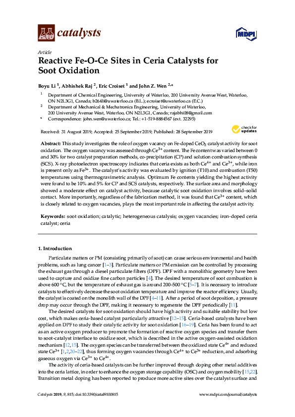 (PDF) Reactive Fe-O-Ce Sites in Ceria Catalysts for Soot Oxidation