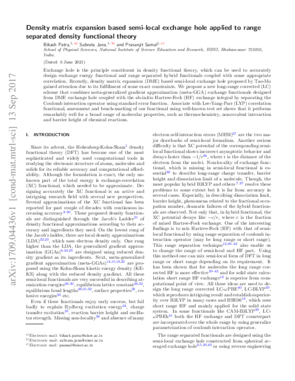 (PDF) Density matrix expansion based semi-local exchange hole applied to range separated density ...