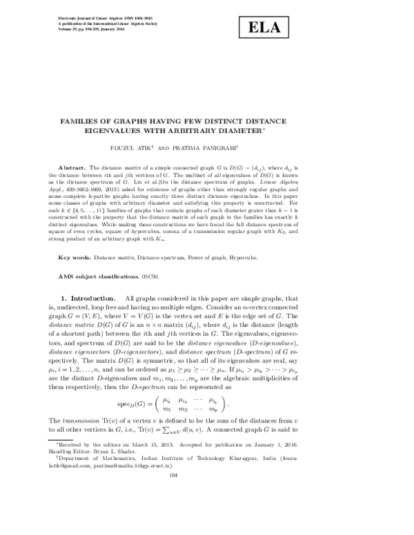 (PDF) Graphs with few distinct distance eigenvalues irrespective of the diameters