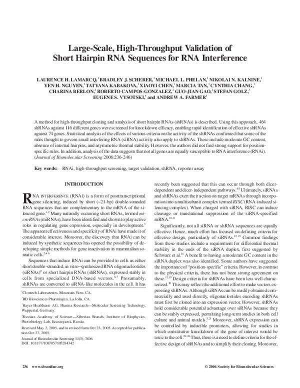 (PDF) Large-Scale, High-Throughput Validation of Short Hairpin RNA ...