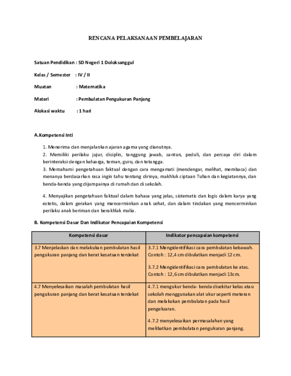 (PDF) RPP Matematika kelas IV Materi : Pengukuran Panjang