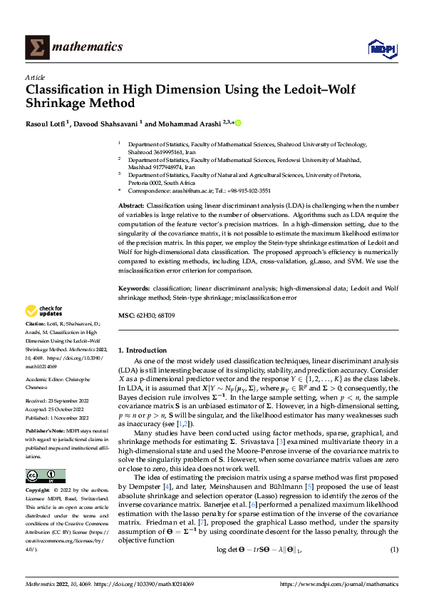 (PDF) Classification in High Dimension Using the Ledoit–Wolf Shrinkage Method | rasoul lotfi ...