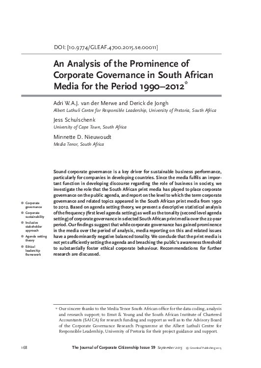 (PDF) An Analysis of the Prominence of Corporate Governance in South ...