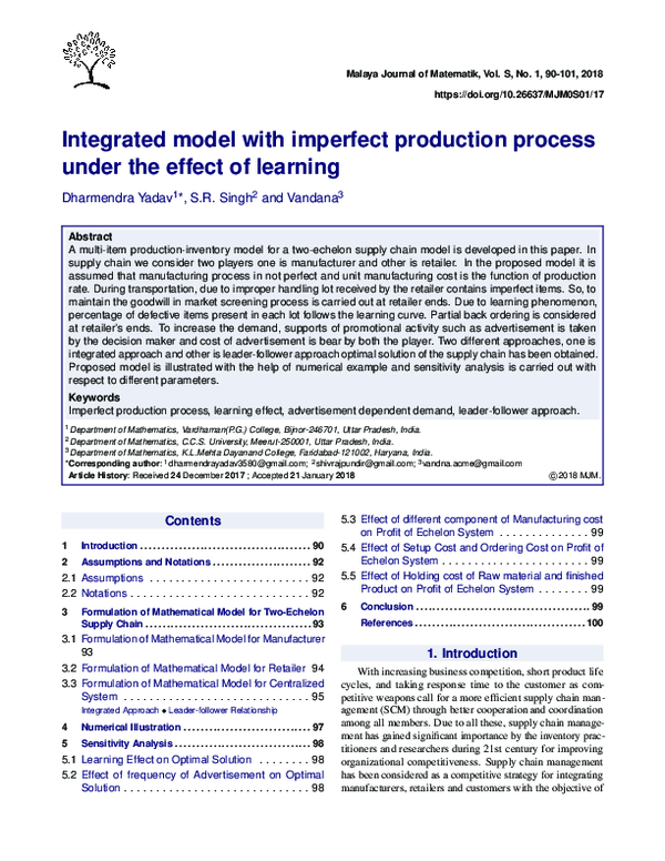 Pdf Integrated Model With Imperfect Production Process Under The Effect Of Learning