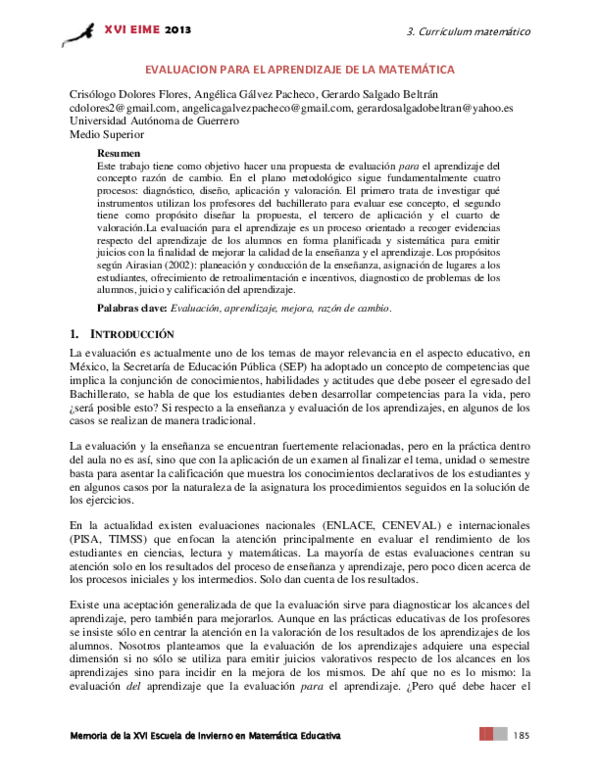 (PDF) Evaluación para el aprendizaje de la matemática