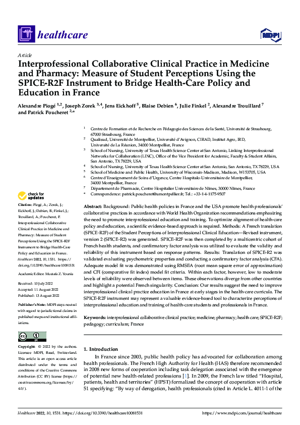 (PDF) Interprofessional Collaborative Clinical Practice in Medicine and Pharmacy: Measure of ...