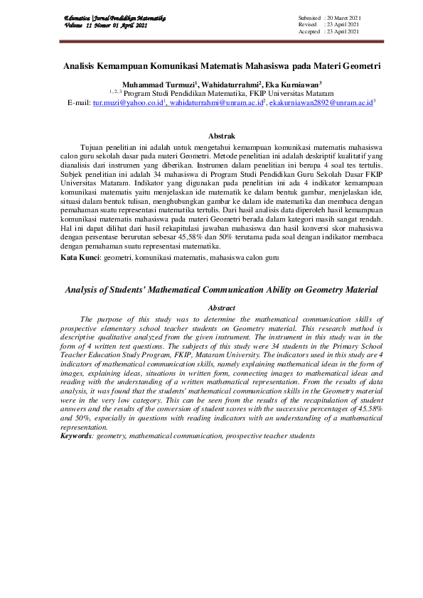 (PDF) Analysis of Students' Mathematical Communication Ability on Geometry Material
