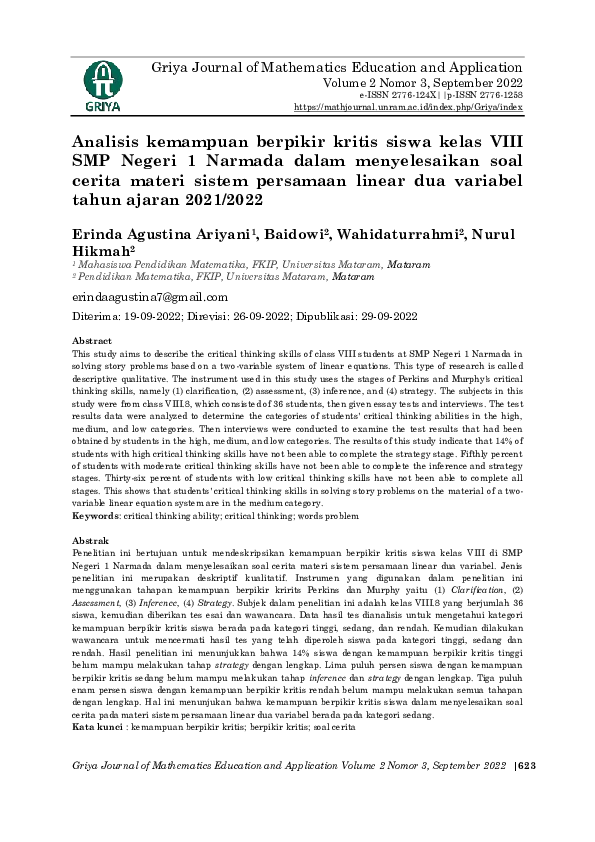 (PDF) Analisis Kemampuan Berpikir Kritis Siswa Kelas VIII SMP Negeri 1 Narmada Dalam ...