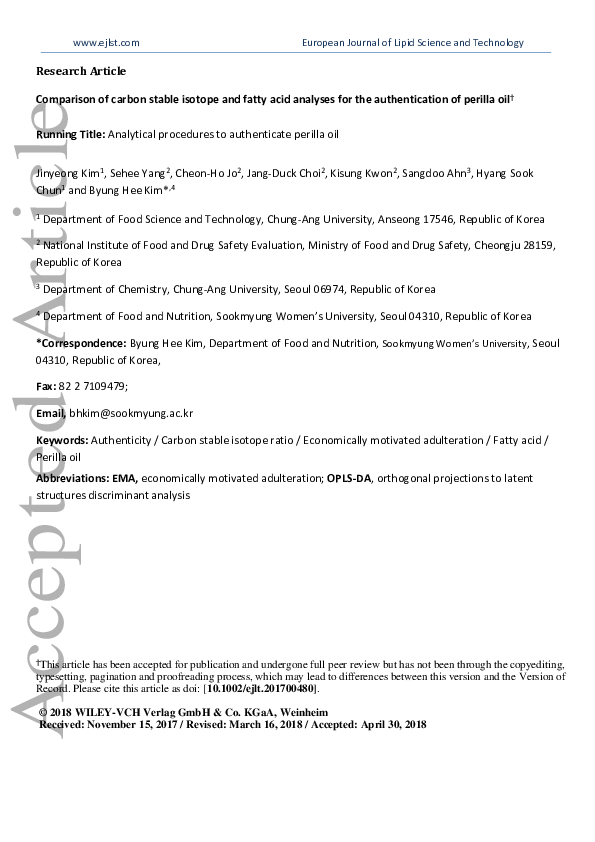 (PDF) Comparison of Carbon Stable Isotope and Fatty Acid Analyses for the Authentication of ...
