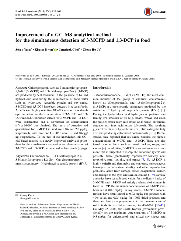 (PDF) Improvement of a GC–MS analytical method for the simultaneous detection of 3-MCPD and 1,3 ...