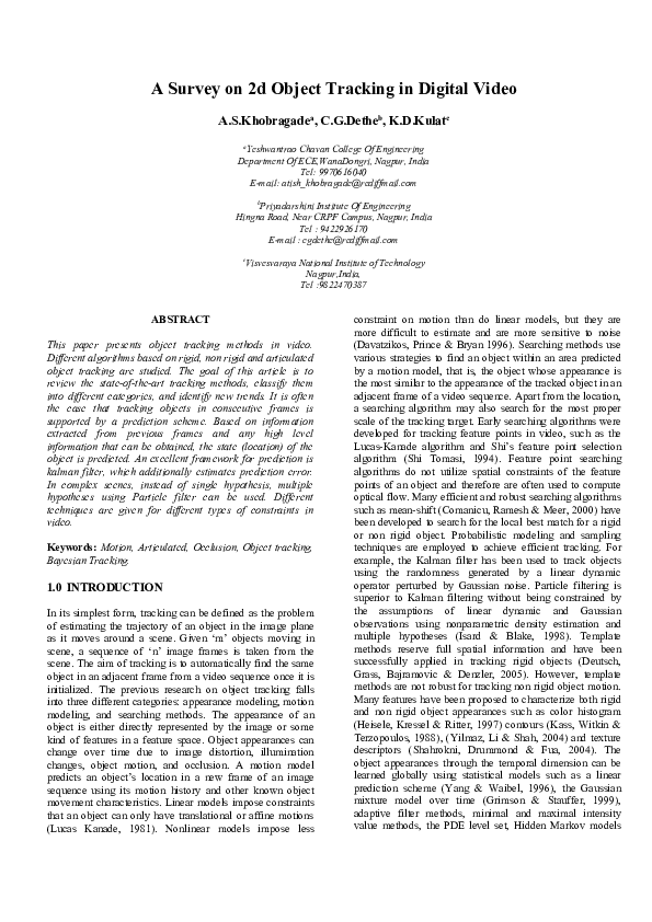 Pdf A Survey On 2d Object Tracking In Digital Video Atish